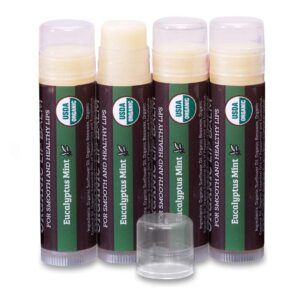 usda organic lip balm 4-pack by earth's daughter- eucalyptus mint flavor, beeswax, coconut oil, vitamin e - best lip repair chapstick for dry cracked lips.