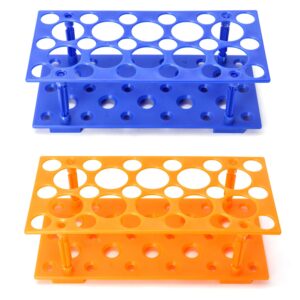 qwork centrifuge tube holder set - plastic test tube rack (2 pack) in blue and orange, accommodates 10ml, 15ml, and 50ml tubes, detachable stand