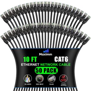 maximm cat 6 ethernet cable 10 ft, (50-pack) cat6 cable, lan cable, internet cable, patch cable and network cable - utp (black) 10 feet ethernet cord