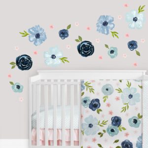 sweet jojo designs blue watercolor floral large peel and stick wall decal stickers art nursery decor mural - set of 4 sheets - blush pink navy green and white shabby chic rose flower farmhouse boho