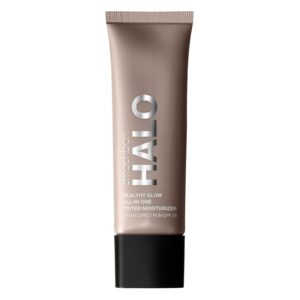 smashbox halo healthy glow all-in-one tinted moisturizer spf 25 | light to medium coverage| hyaluronic acid, oil free + anti humidity, 0.4 fl oz, tan dark