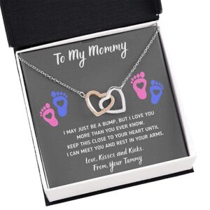 to my mommy "heart-feet" interlocking hearts necklace with message card and gift box. baby shower present. gift for pregnant mom