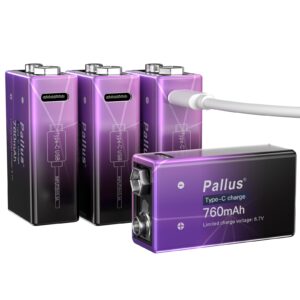 pallus 9v rechargeable battery pack, 4-pack 760mah li-ion usb 9 volt battery for smoke alarms, wireless microphones, smoke detectors, toys, flashlights, guitar