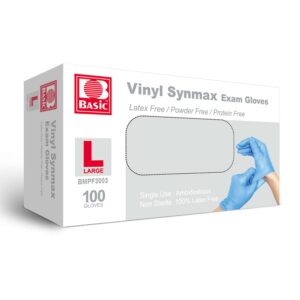 basic vinyl exam gloves, powder free,latex free, non-sterile for cleaning, food service and all purposes disposable gloves bmpf3003 box of 100pcs (large, blue)