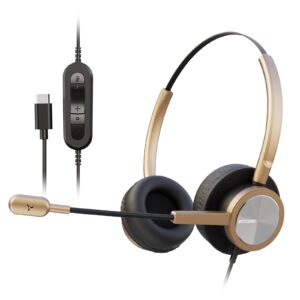 usb type c headphones with noise canceling microphone, usb-c headset with mic for pc, laptop, lightweight gold headset for call center office laptop, skype, zoom, webinar, google meet, webex