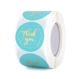 thank you stickers roll - 1.5 inch blue thank you stickers with teal base color, gold foil design, 500 thank you stickers for business, gift bags, envelopes seals, mailer stickers