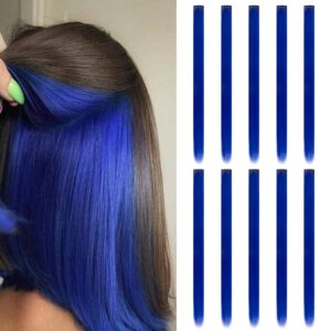 20 inch colored hair extensions party highlights straight colorful clip in hair extensions synthetic rainbow hairpieces for girls kids gift(10pcs blue)