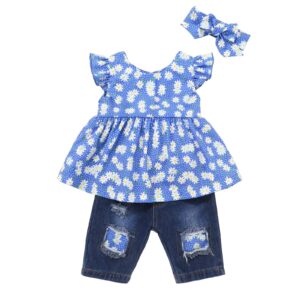 baby girls clothes blue ruffle short sleeve+baby girl outfits ripped jeans headband set 18-24 months