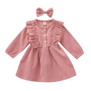 karuedoo kids toddler baby girl corduroy ruffle long sleeve dress princess party dress fall winter skirt outfit (a-pink, 2-3t)