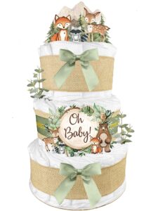 woodland creatures diaper cake - gender neutral baby gift - burlap and sage green