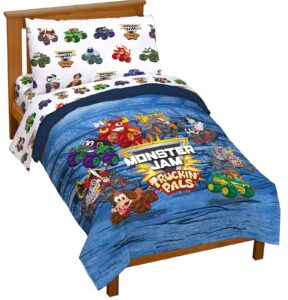 jay franco monster jam truckin' pals 4 piece toddler bed set - includes comforter & sheet set - bedding features grave digger & megalodon - super soft fade resistant microfiber