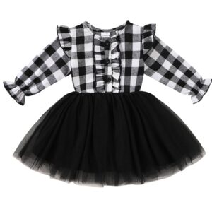 younger tree toddler kids girls clothes christmas dress ruffle red plaid black mesh skirt outfits overall fall winter (3-4t, black white plaid mesh dress)