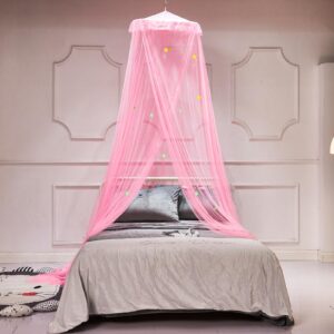 mengersi bed canopy for girls with glow in the dark stars,bed canopy curtains for kids baby crib twin full queen size bed,canopy for girls room decor,pink