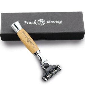 frank fs shaving manual razor, 3 blade razor with natural bamboo handle,unisex sustainable razor diamond wood grain pattern handle shaving razor