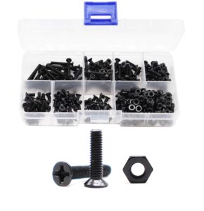 binifimux m3 screws kit, m3 flat head machine screws, 360pcs (7 sizes) m3-0.5mm black countersunk flat head phillips machine screws and hex nuts kit for 3d printer robot project toys rc models