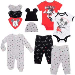 disney mickey mouse newborn baby boys zip up sleep play coverall bodysuits pants bibs and hats 10 piece 0-6 months