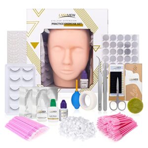 lashview eyelash extension kit, with mannequin head practice exercise set, training lash extension supplies for beginners include individual lashes glue tweezers and training lashes