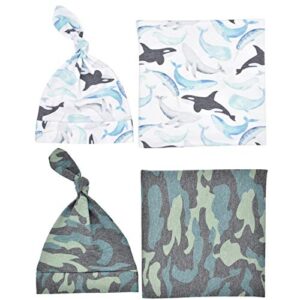 newborn swaddle blankets with beanie hat 4 pack set for boys whale+camouflage baby receiving blanket