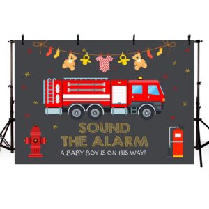 mehofond fire truck boy baby shower photo backdrop firetruck sound the alarm firefighter little fireman red and black party decorations photography background banner for dessert table supplies 7x5ft