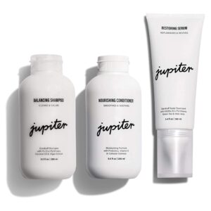 jupiter dandruff shampoo, conditioner, and serum trio, relieves itchy, dry, & flaky scalp, color-safe, & sulfate-free, made with zinc, coconut oil, and green tea