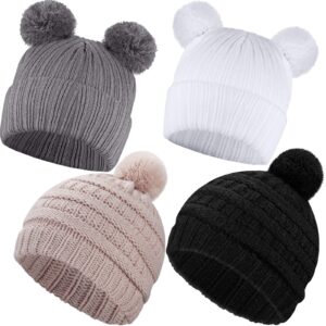 4 pieces kids winter warm beanie hat kids faux fur pom beanie knit baby pom ski cap for children 1-5 years old(black, beige, grey, white,4 pieces)