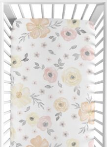 sweet jojo designs yellow and pink watercolor floral girl fitted crib sheet baby or toddler bed nursery - blush peach orange cream grey and white shabby chic rose flower farmhouse