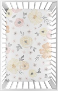 sweet jojo designs yellow and pink watercolor floral girl fitted mini crib sheet baby nursery for portable crib or pack and play - blush peach orange cream grey white shabby chic rose flower farmhouse