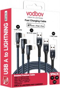 vodbov iphone charger lightning cord 3pack 1ft 3ft 6ft right angle mfi certified cable braided usb charging wire high speed black