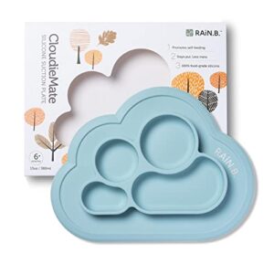 rain.b. cloudiemate silicone suction plate with built-in placemat for babies & toddlers, microwave dishwasher safe, non-slip divided plate with 4 sections, bpa free food grade silicone /glacier blue