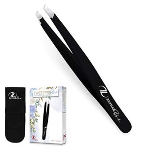 slant tip tweezers - professional eyebrow stainless steel tweezers - best precision tweezers for eyebrows - splinter tweezers for facial hair removal for daily beauty routine. (black)