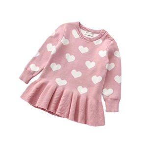 wallarenear toddler baby girl valentine dress kids heart long sleeve knit sweater dress pleated dress fall winter warm outfits (pink, 2-3 years)