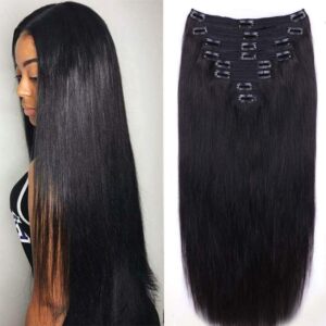 straight human hair clip in hair extensions for black women 100% unprocessed full head brazilian virgin hair natural black color,8/pcs with 18clips,120 gram (22inch, straight hair)