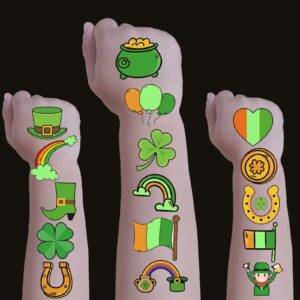 mocossmy st patrick's day temporary tattoos stickers,24 sheets glow in the dark shamrock irish flag pots of gold luminous tattoos for st patrick's day parade spring party favor supplies decoration