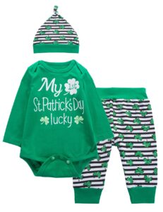 my first st patrick's day lucky clover outift set baby boys girls stripe pant set with hat (green, 0-3 months)