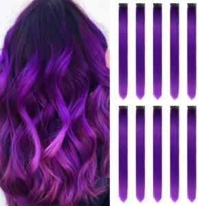 meckily 22 inch colored purple hair extensions clip in kid's party highlights, purple accessories hairpiece straight for girls women (10 pcs purple)