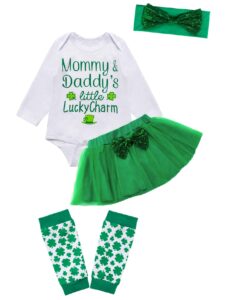 baby girls outfit set st patrick's day clothes long sleeve bodysuit+tutu skirt+headband+leg warmers (3-6 months) green