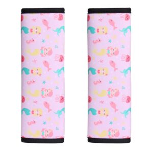 2 pack seat belt covers for kids, frriotn soft comfort seat belt cushion for children, cute cartoon pattern car seat belt pads cover for girls and boys (pink mermaid)