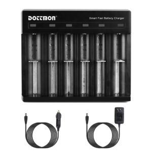 dottmon 6-bay led universal battery charger for ni-mh or ni-cd batteries (aa, aaa, aaaa, sc, c, d) and li-ion batteries (22650, 25500, 18650, 18500, 18490, 18350, 17670, 16340, 14500, 10440)