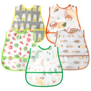 r horse 5pcs baby toddler bibs with crumb catcher pocket & snap button adjustable waterproof baby feeding bibs for boys girls 6-24 months