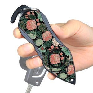 stinger personal alarm keychain emergency tool, safety panic alarm siren, seat belt cutter, glass breaker, security device for women men kid, design in usa (green flower)