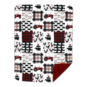 dear baby gear farm deluxe baby blanket - double layer reversible, milestone & infant gifts for girls and boys - toddler blankets - farm faux quilt printed & red smooth fabric, 40 x 30 inches