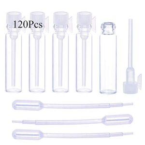 120pcs 1ml mini cute empty glass perfume essential oils sample vials with white plastic rod caps glass vials sample dropper bottle for essential oils aromatherapy (120pcs 1ml white plastic rod)