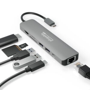 plugable 7-in-1 usb c hub multiport adapter with ethernet driverless compatibility with mac, windows, iphone 15, chromebook, usb4, thunderbolt, 100w charging, ethernet, 4k60hz hdmi, 2x usb, sd/microsd