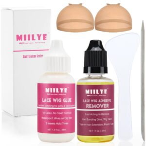 wig adhesive and glue remover set, invisible waterproof miilye hair replacement bonding glue + solvent, strong hold for lace front wig and poly hairpieces, toupee, cosmetic hair systems