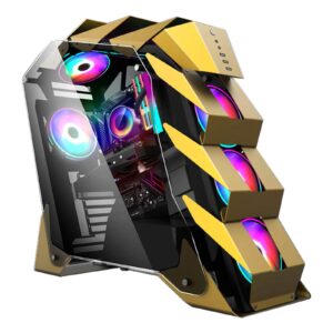 jf-tvqj computer case gaming computer pc case atx/microatx computer case rgb, full tempered glass side panel - with metal frame - cooling ready - expansive storage, yellow