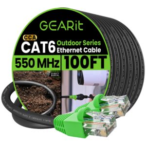 gearit rj45 cat-6 ethernet patch cable, 10gpbs transfer speed, gold-plated connectors, copper clad, outdoor, uv resistant, direct burial, waterproof, durable, 100 foot (30.4 meters), black