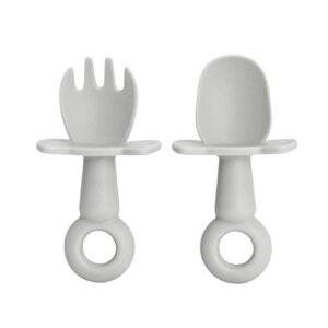 wee me baby utensils, silicone baby spoons self feeding and baby forks, toddler utensils for led weaning, first stage utensils for self-feeding (gray)