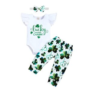 baby girl 1st st. patricks day outfits lucky charm romper+clover pants+headband 3pcs outfits set (white, 3-6 months)