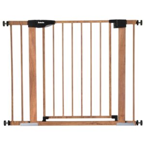 babelio metal baby gate with wood pattern, 29-40" easy install pressure mounted dog gate, ideal for stairs and doorways, with wall protectors and extenders, no tools required