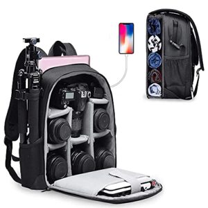 caden camera backpack bag for dslr/slr mirrorless camera waterproof with 14 inch laptop compartment, usb charging port, tripod holder, rain cover, camera case compatible for sony canon nikon black